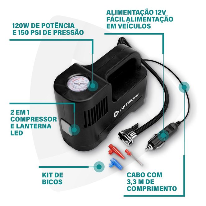 Compressor de Ar Automotivo Elétrico Portátil Carro Artiko Volt ...